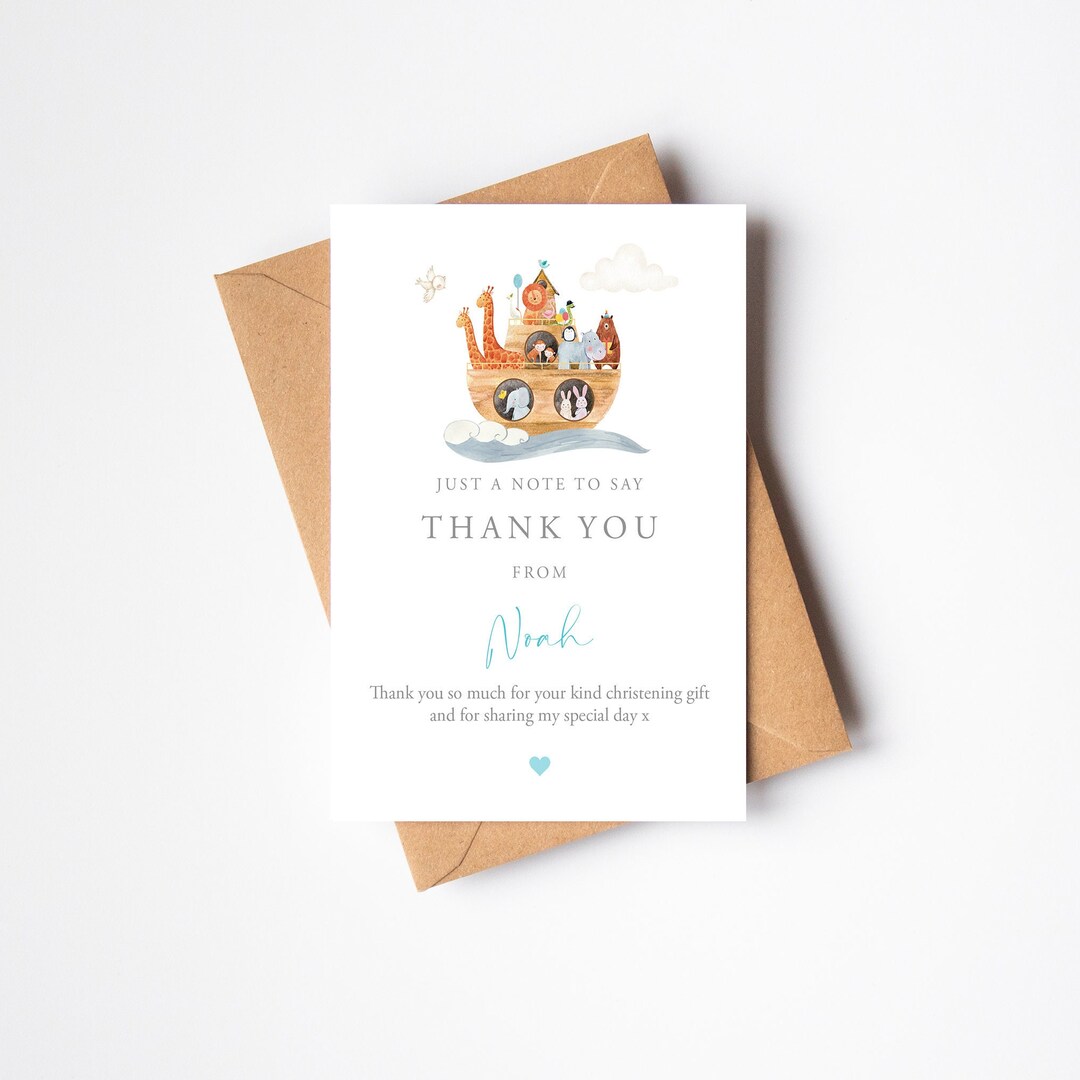 Personalised Thank You Cards, Noah's Ark Christening, Baptism, Thank ...