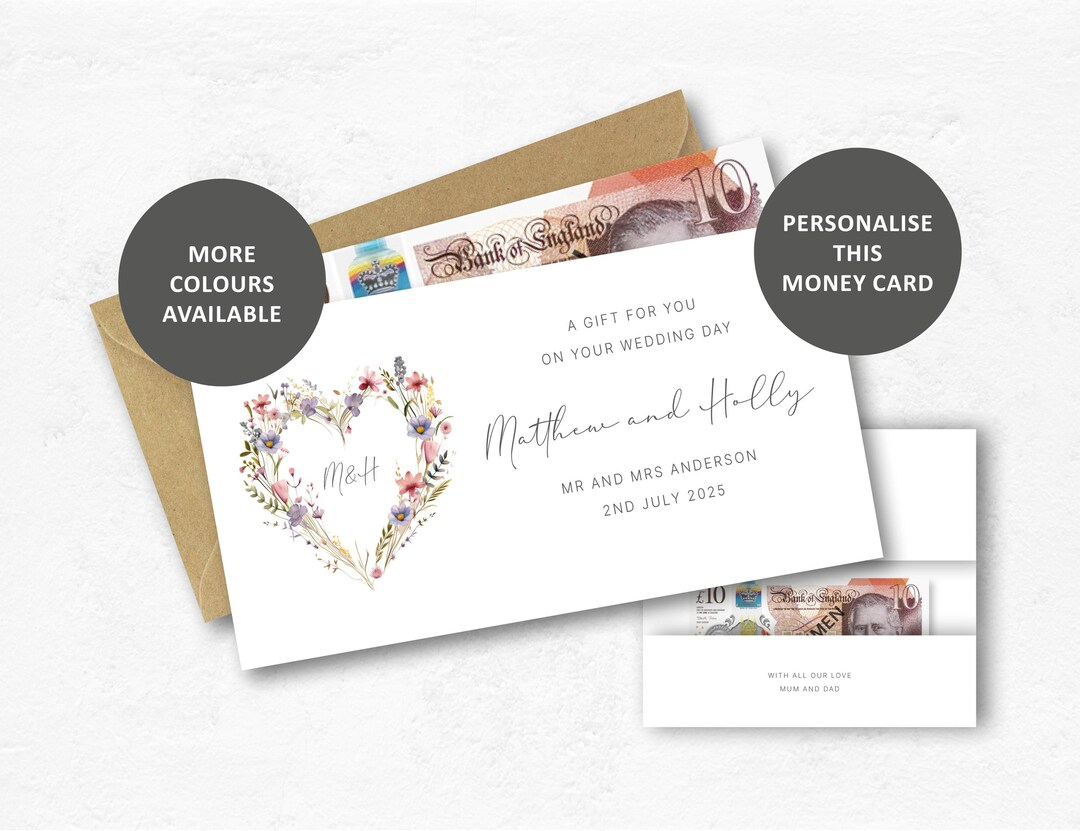 Personalised Wedding Money Wallet Card for Couples, Custom Floral ...
