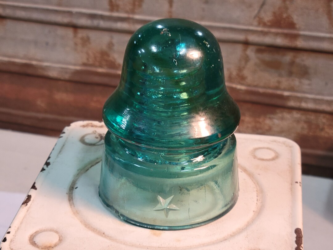 Glass Insulator Five Point Star Embossed Blue Green Collectable Décor ...