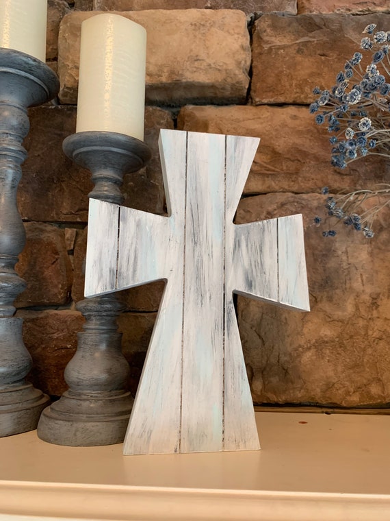 Rustic Shiplap Cross Freestanding Gray White & Turquoise Wood | Etsy