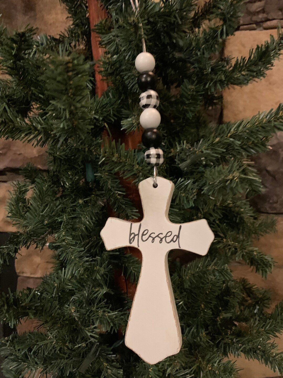 Cross Wood Bead Garland Christmas Tree Ornament White Rustic Wood Cross ...