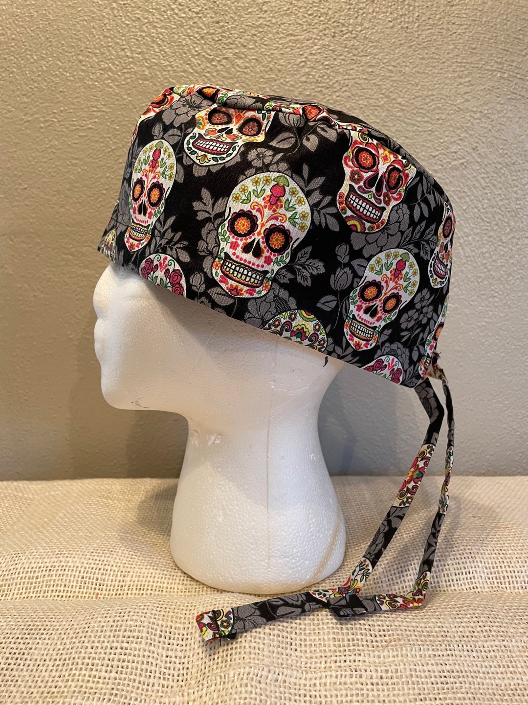 Large Sugar Skulls on Black With Gray Flowers Scrub Cap * - Surgery Cap ...