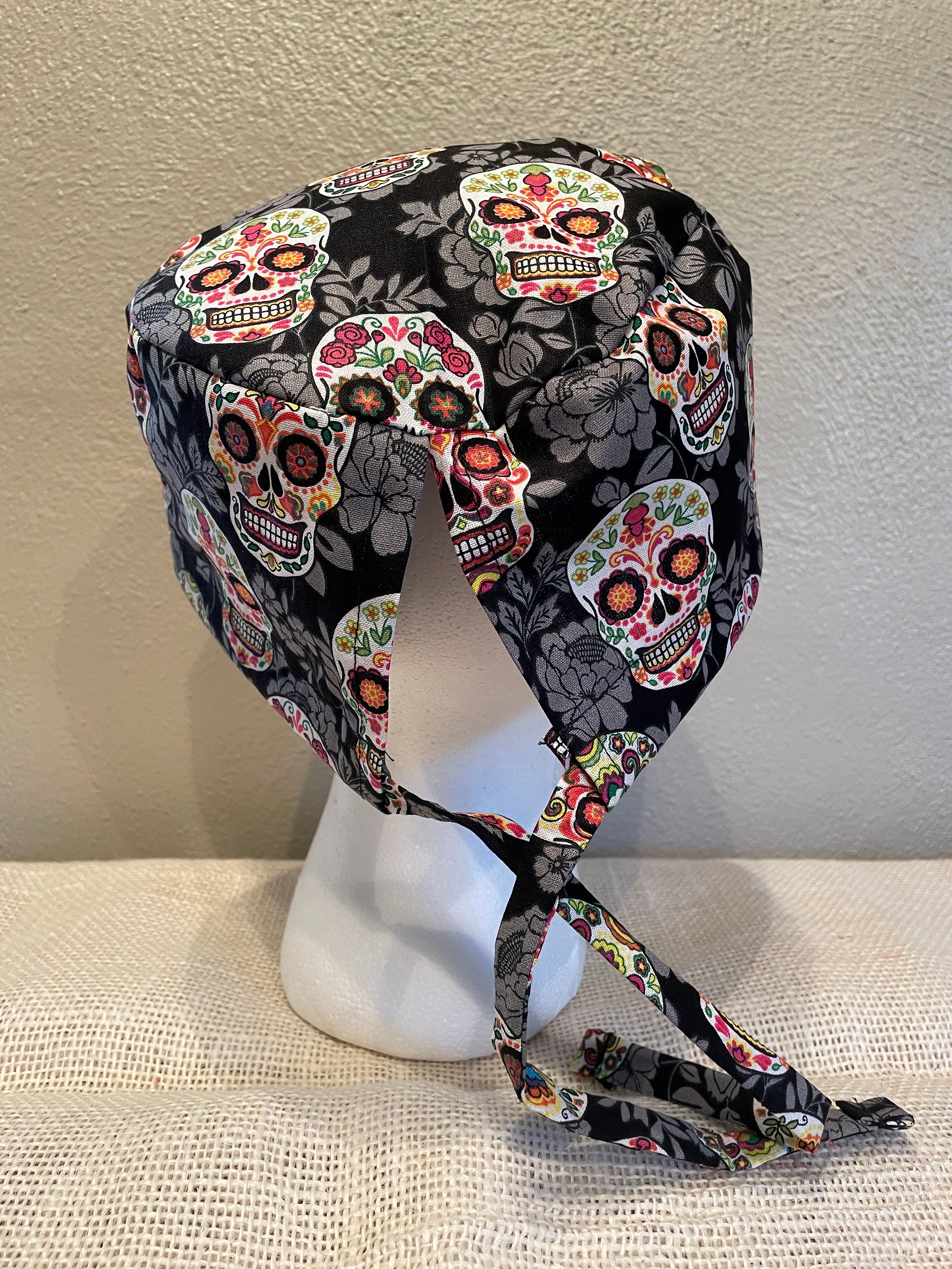 Large Sugar Skulls on Black With Gray Flowers Scrub Cap * - Surgery Cap ...