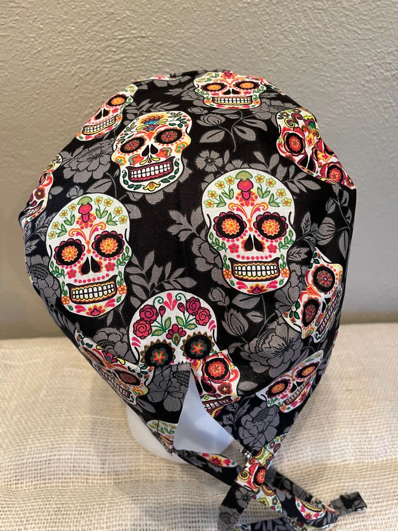 Large Sugar Skulls on Black With Gray Flowers Scrub Cap * - Surgery Cap ...