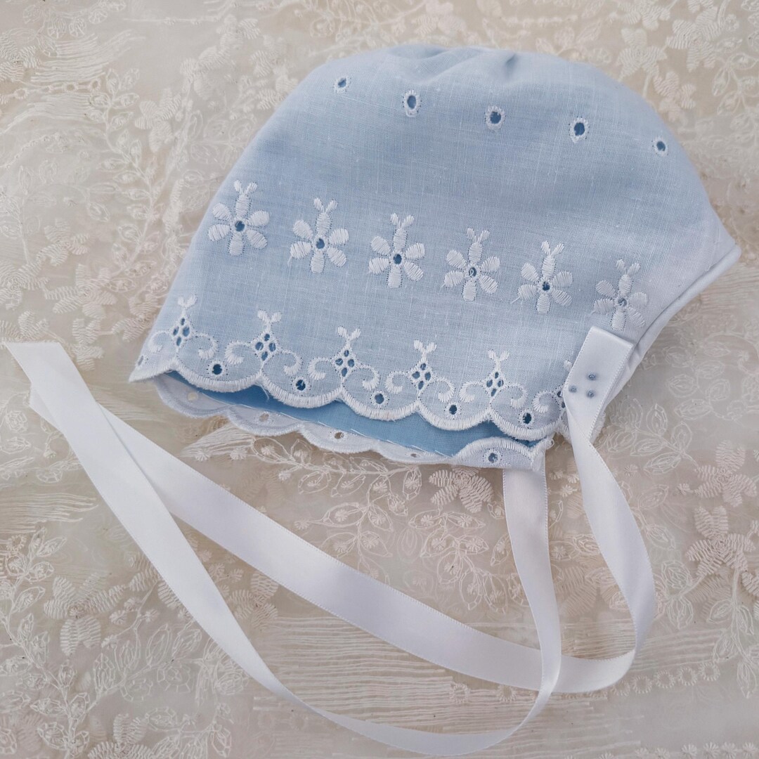Handmade White and Blue Baby Bonnet - Etsy