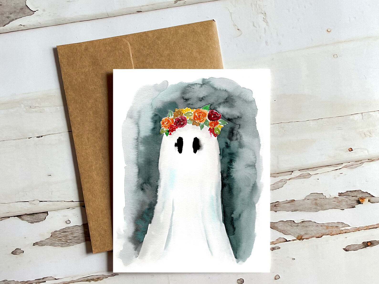 Floral Crown Ghost - A2 Halloween Watercolor Greeting Card and Envelope ...