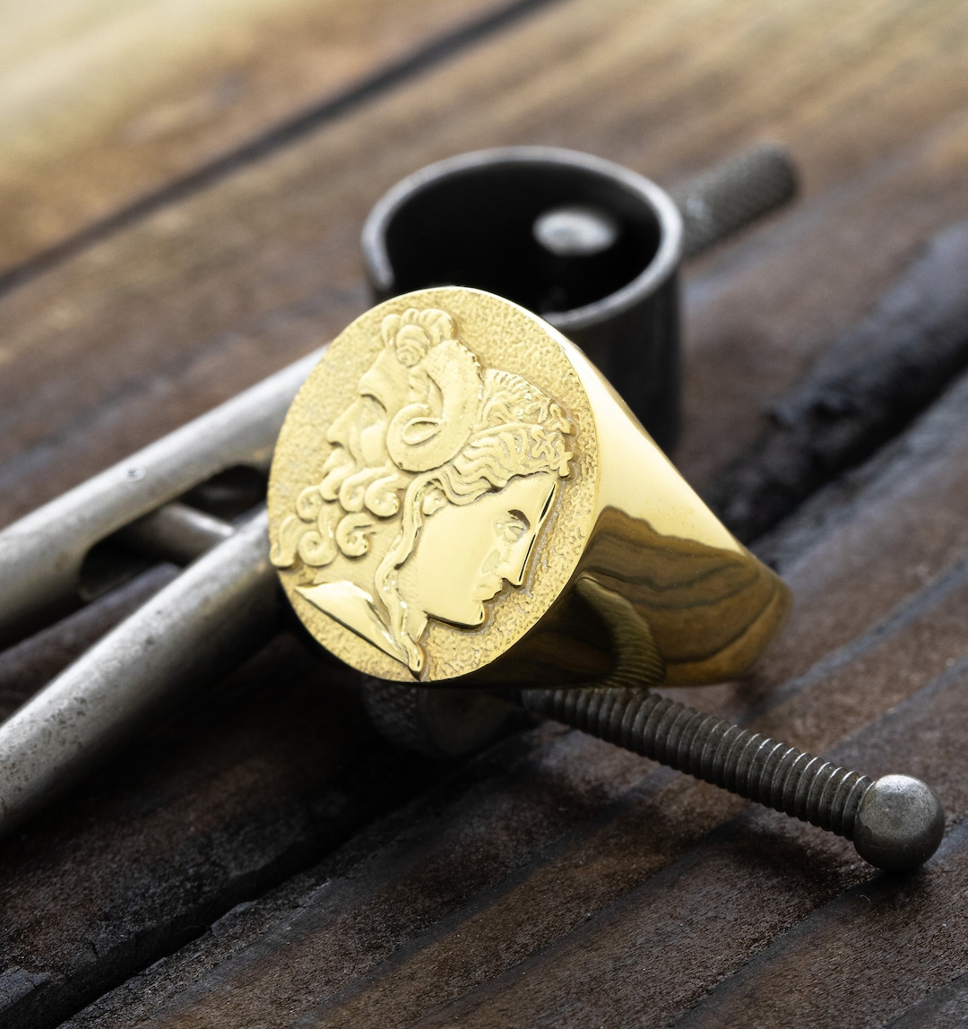 Janus Solid Gold Signet Ring, 14k Yellow Gold Signet Ring, Handmade ...