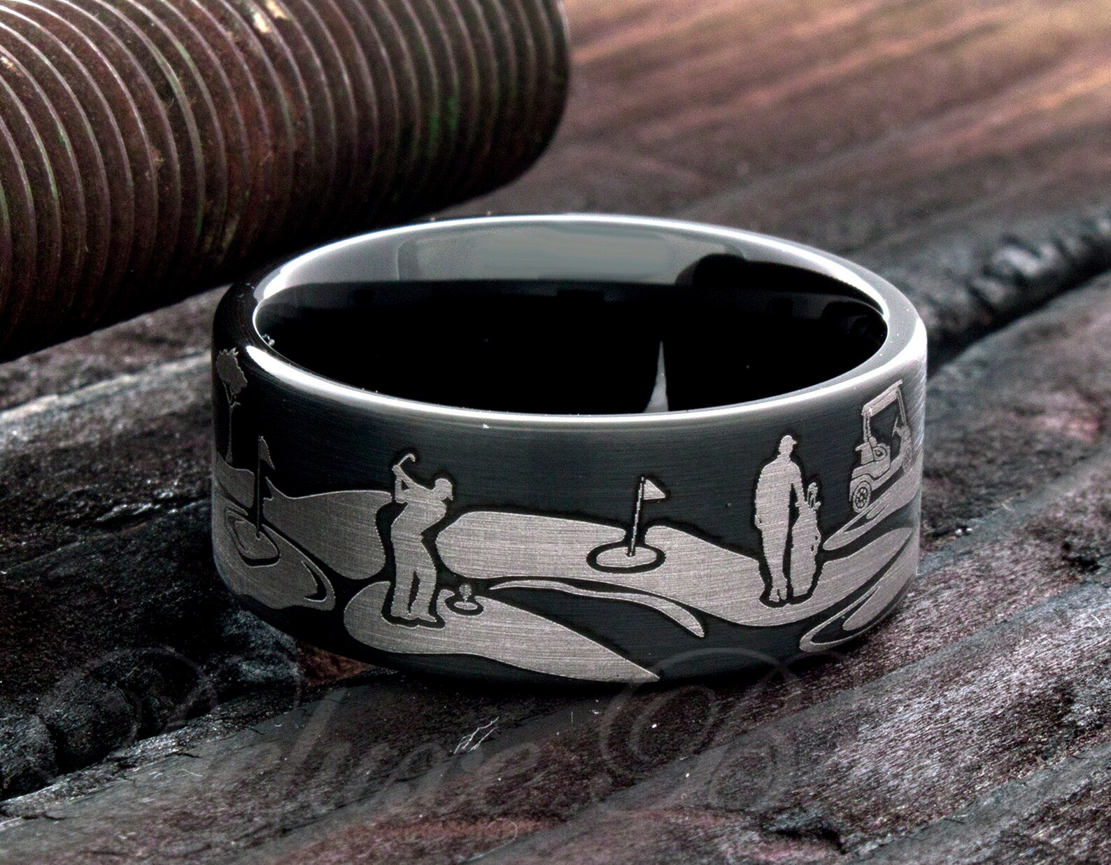Golf Ring - Tungsten Ring - 9mm Black Tungsten Ring - Mens Wedding Band ...