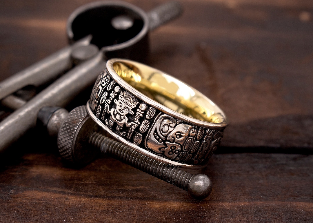 Silver and 14k Solid Gold Mayan Ring, Ancient Ring, Ring, Anniversary ...
