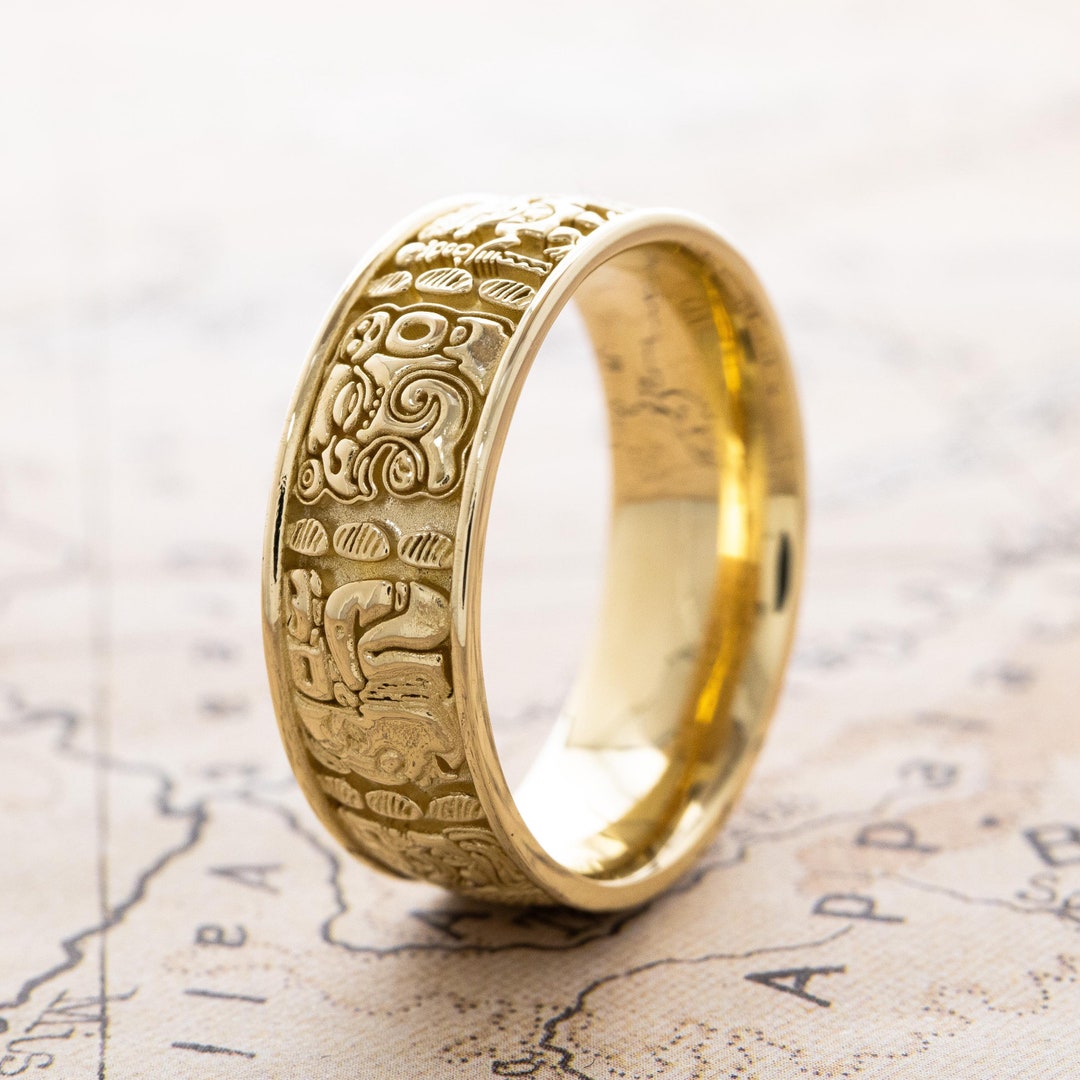 Gold Mayan Ring, Ancient Ring, Men's Wedding Band, Anniversary Ring ...