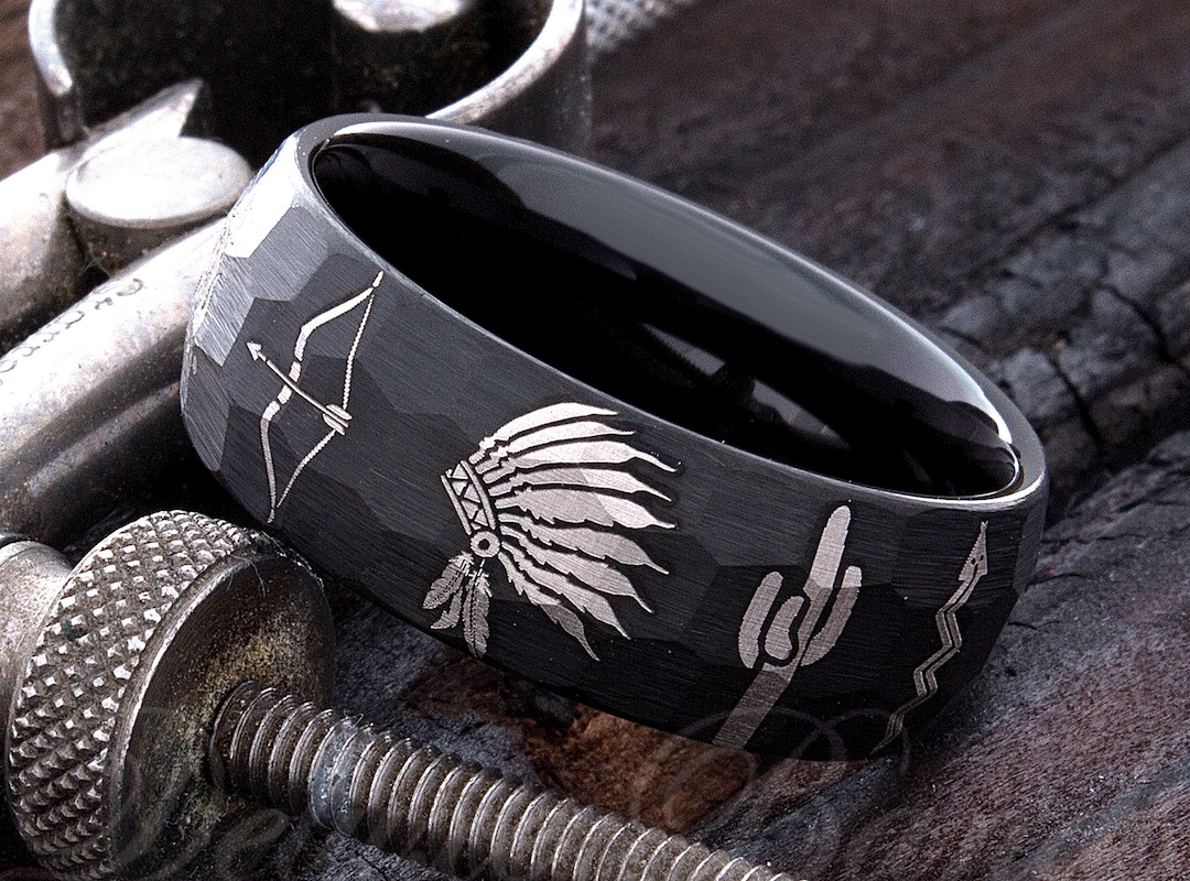 Southwestern Ring - Mens Tungsten Band - Unique Wedding Band - Engraved ...
