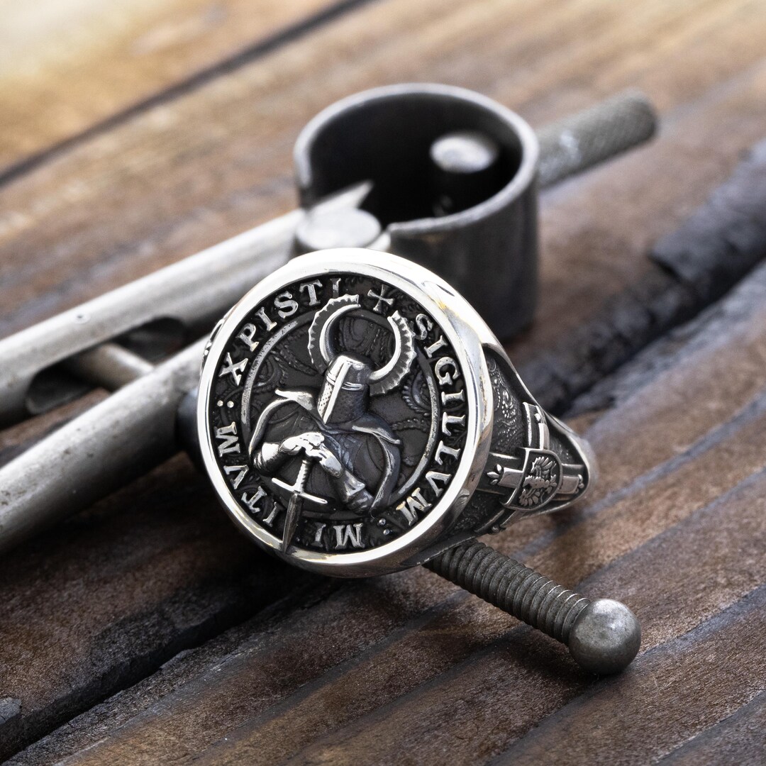 Teutonic Knight Sterling Silver Signet Ring, Medieval Germanic Black ...