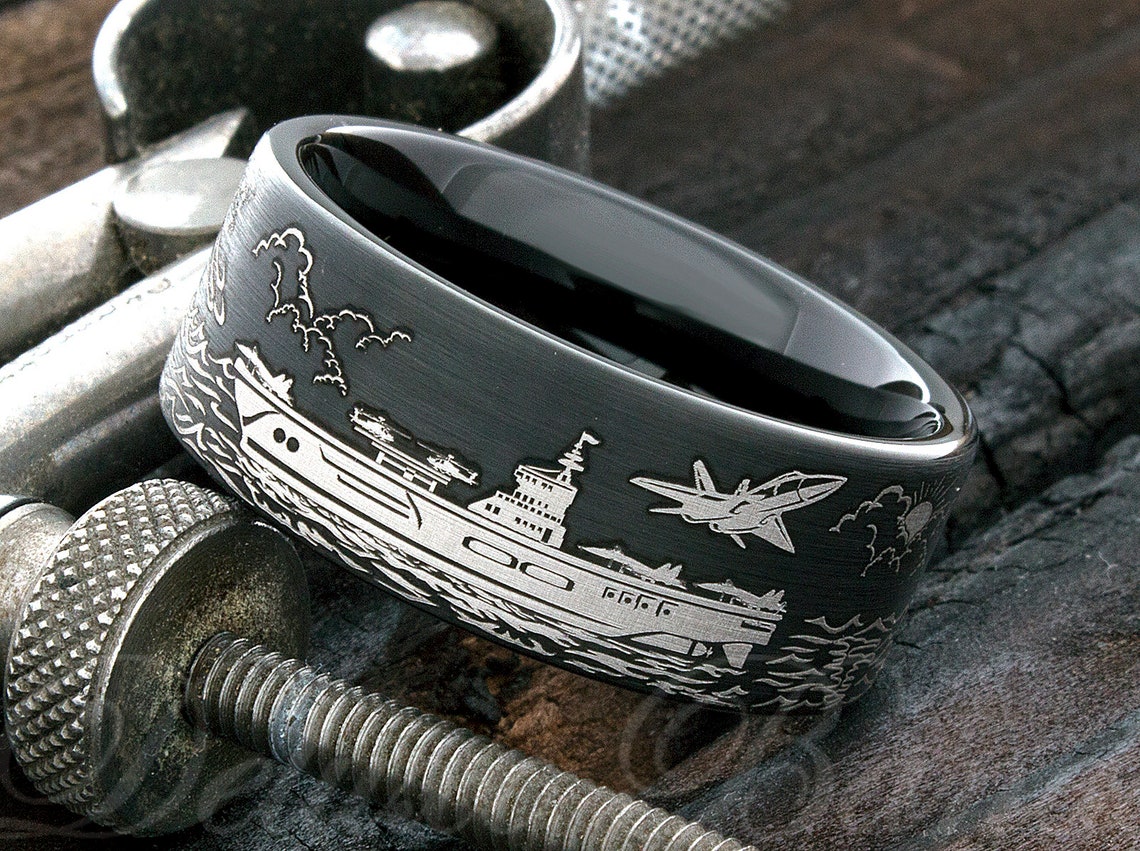 Tungsten Engraved Band - Black Tungsten Ring - Military Ring - Mens ...