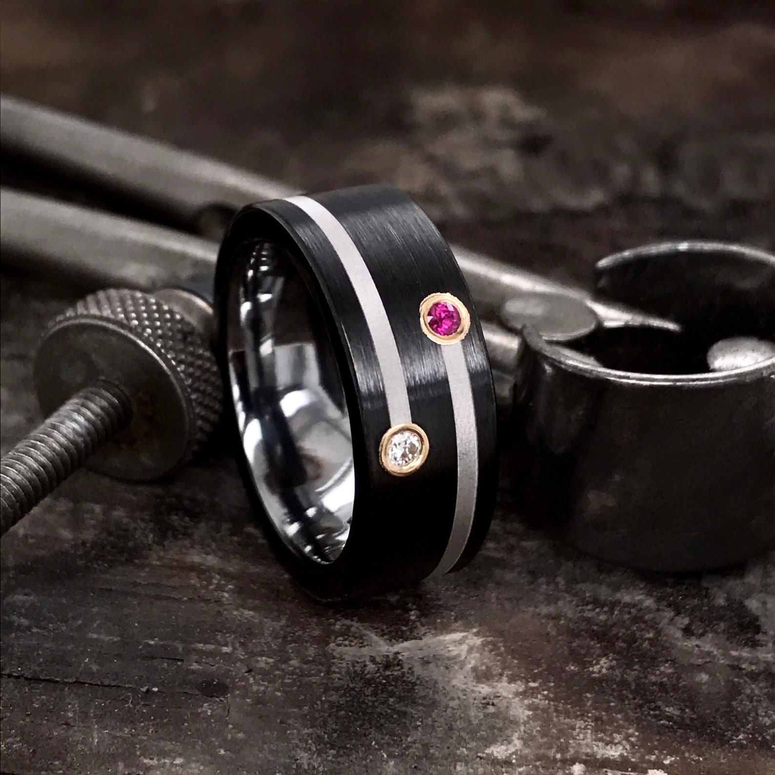 Mens Ring, Mens Diamond Ruby Ring, Wedding Ring, Tungsten Ruby Ring ...