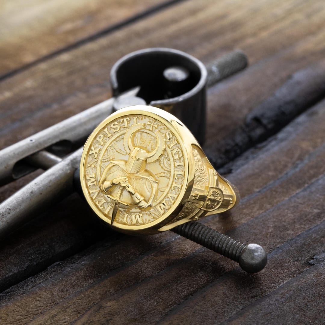 Teutonic Knight Solid Gold Signet Ring, Medieval Germanic 14k Signet Ring, Gold Ring for Men and ...