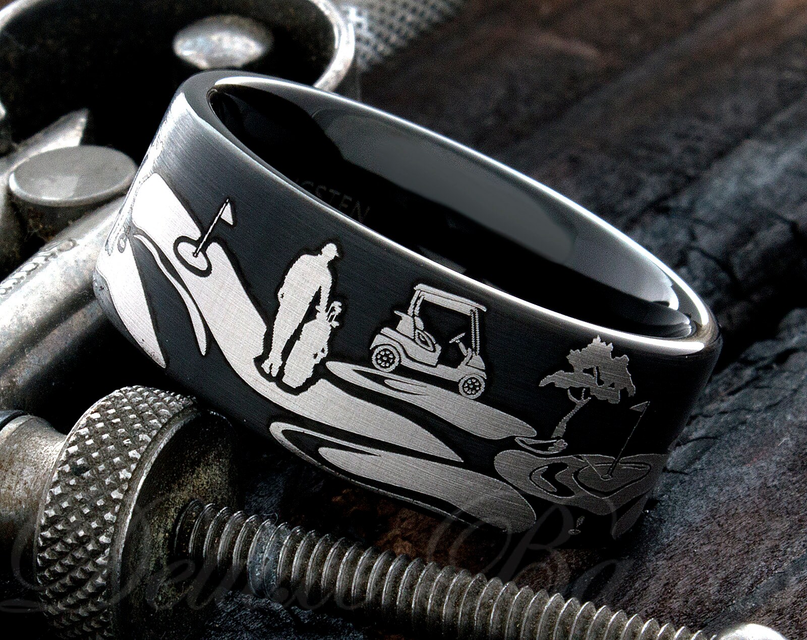 Golf Ring - Tungsten Ring - 9mm Black Tungsten Ring - Mens Wedding Band ...