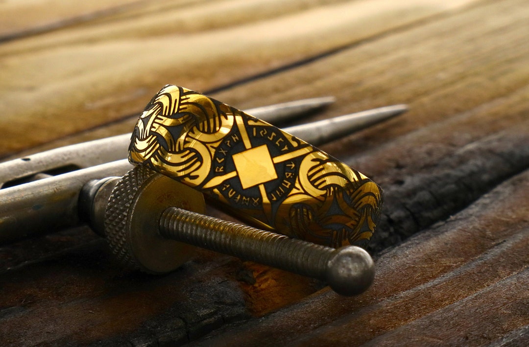 Viking Runes Ring, Norse Runes Ring, Yellow Gold Tungsten Ring, Men's ...