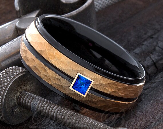 Black Tungsten Wedding Band Gold Plated Wedding Band Ring With Gemstone Mens Fashion Ring Pinky Ring Birthstone Jewelry Mens Wedding Band Etsy