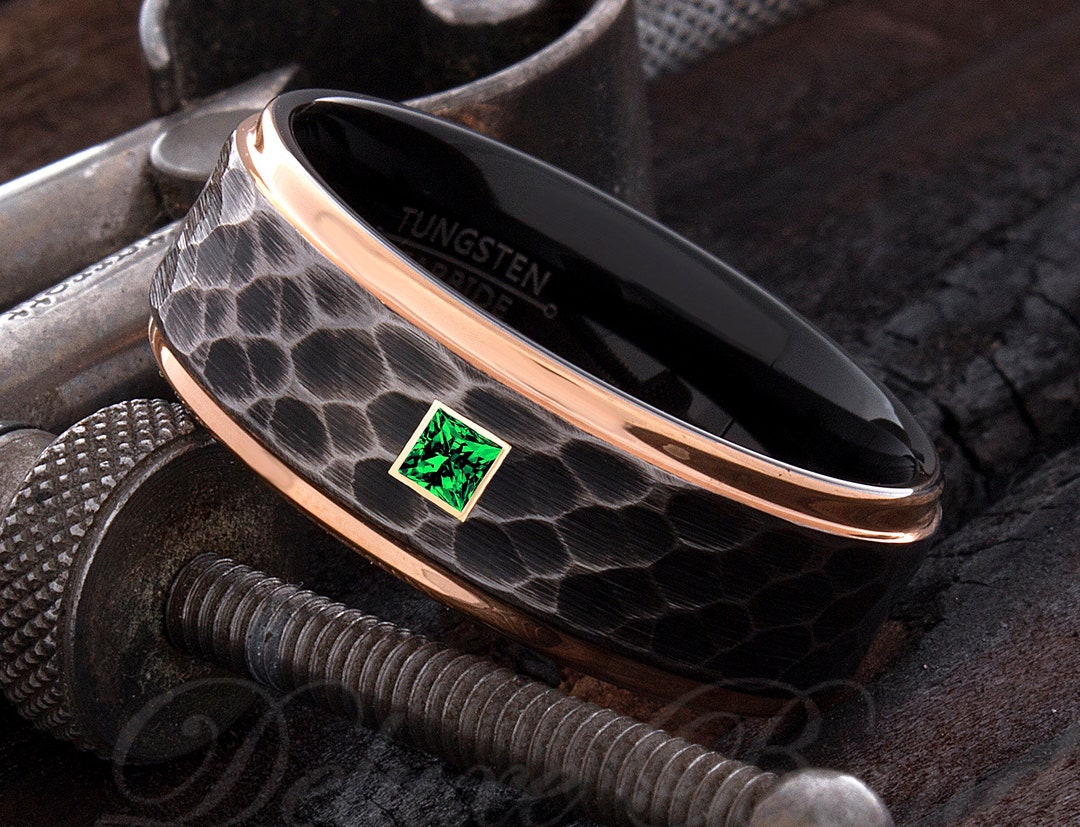 Hammered Tungsten Emerald Ring - Mens Wedding Band - Tungsten Carbide ...