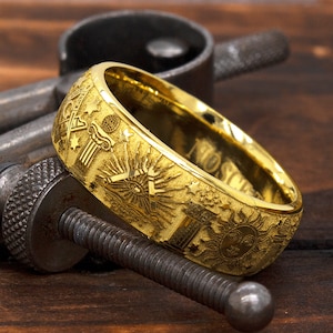 Gold Masonic Ring, Men's Gold Masonic Ring, Mason Ring, Freemason Ring ...