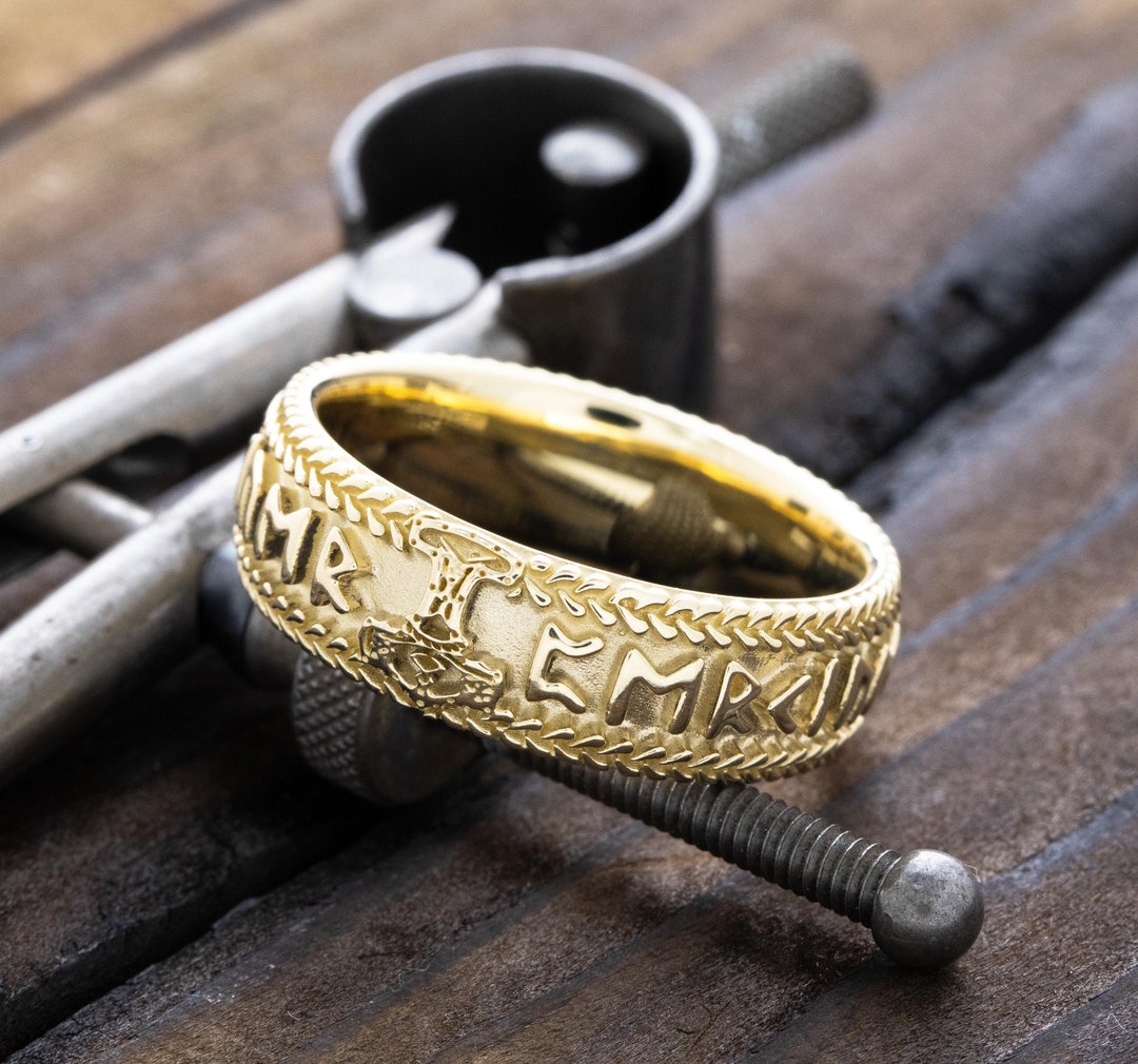 Gold Viking Ring, Viking Runes Ring, Norse Ring, Solid 14k Yellow Gold ...