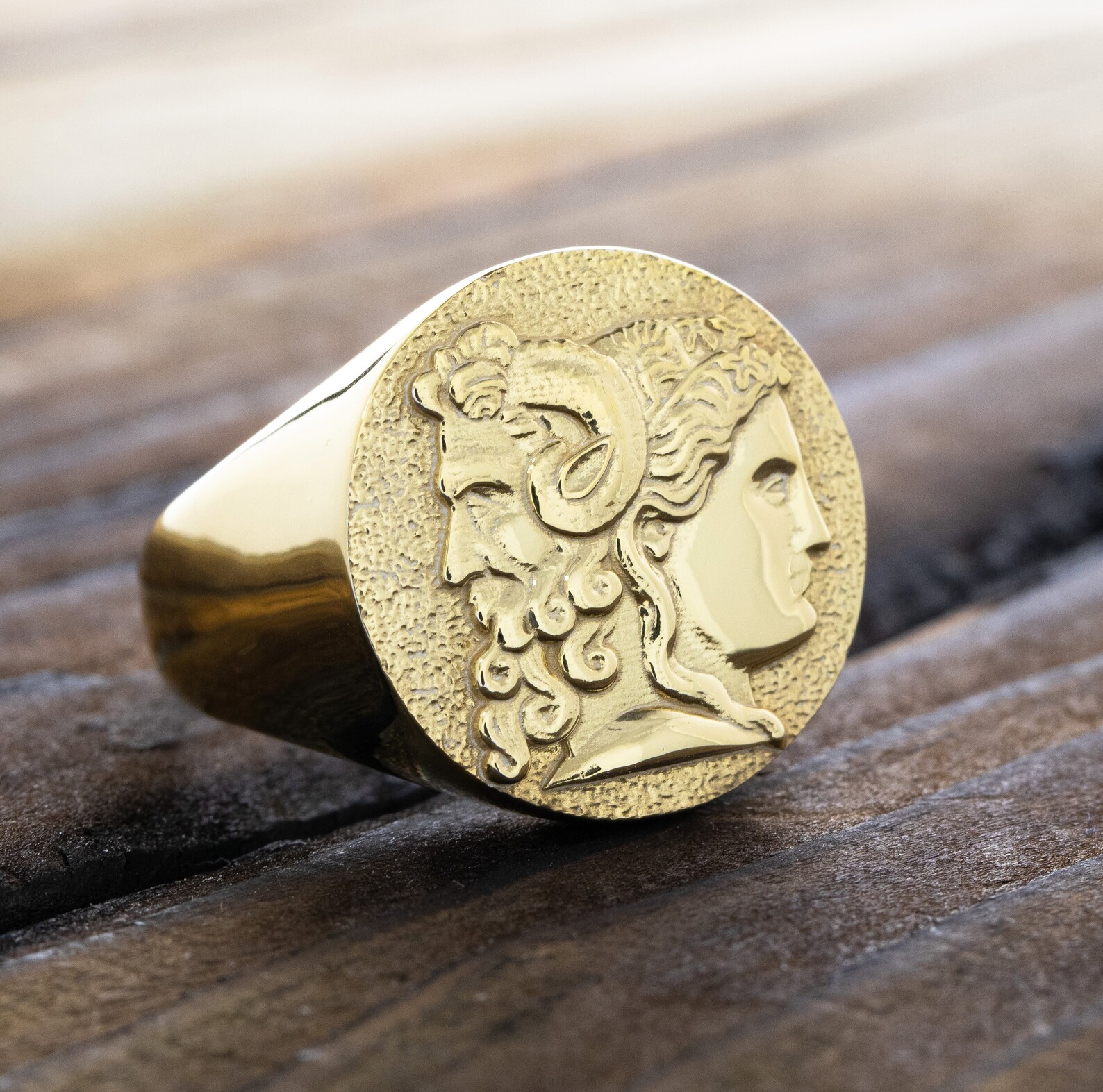 Janus Solid Gold Signet Ring, 14k Yellow Gold Signet Ring, Handmade ...