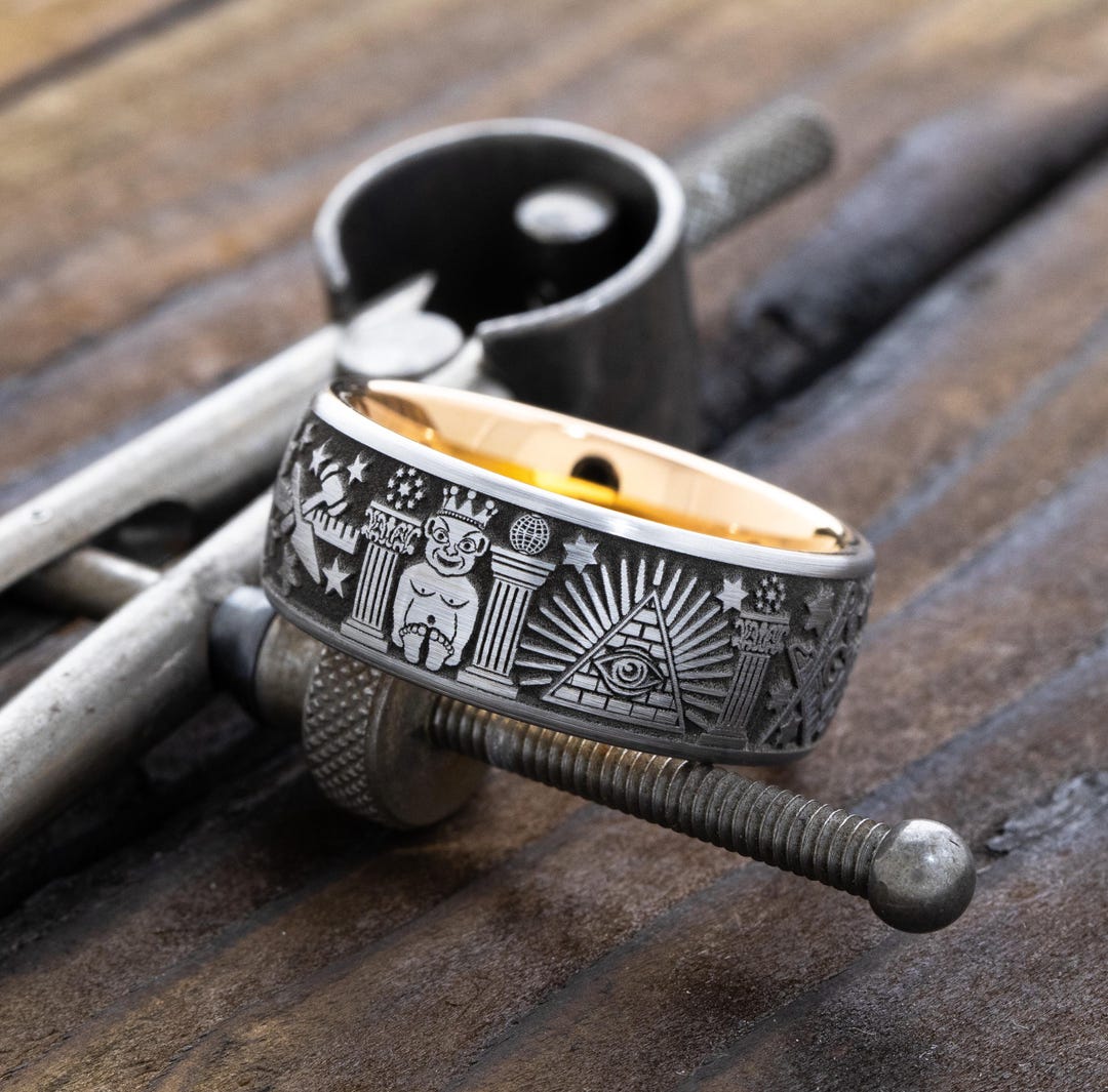 Custom Masonic Tungsten Ring With Shrine and Billiken Symbol, 8mm ...