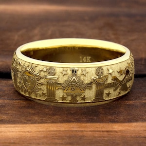 Gold Masonic Ring, Men's Gold Masonic Ring, Mason Ring, Freemason Ring ...
