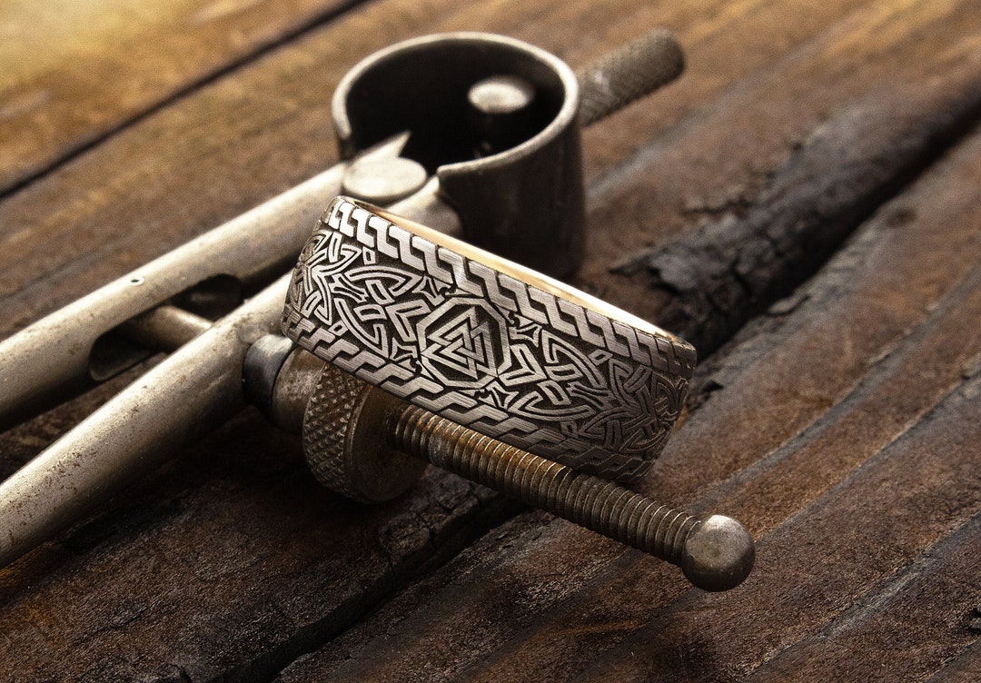 Old Norse Viking Ring With Valknut and Braids, 9mm Tungsten Ring With ...