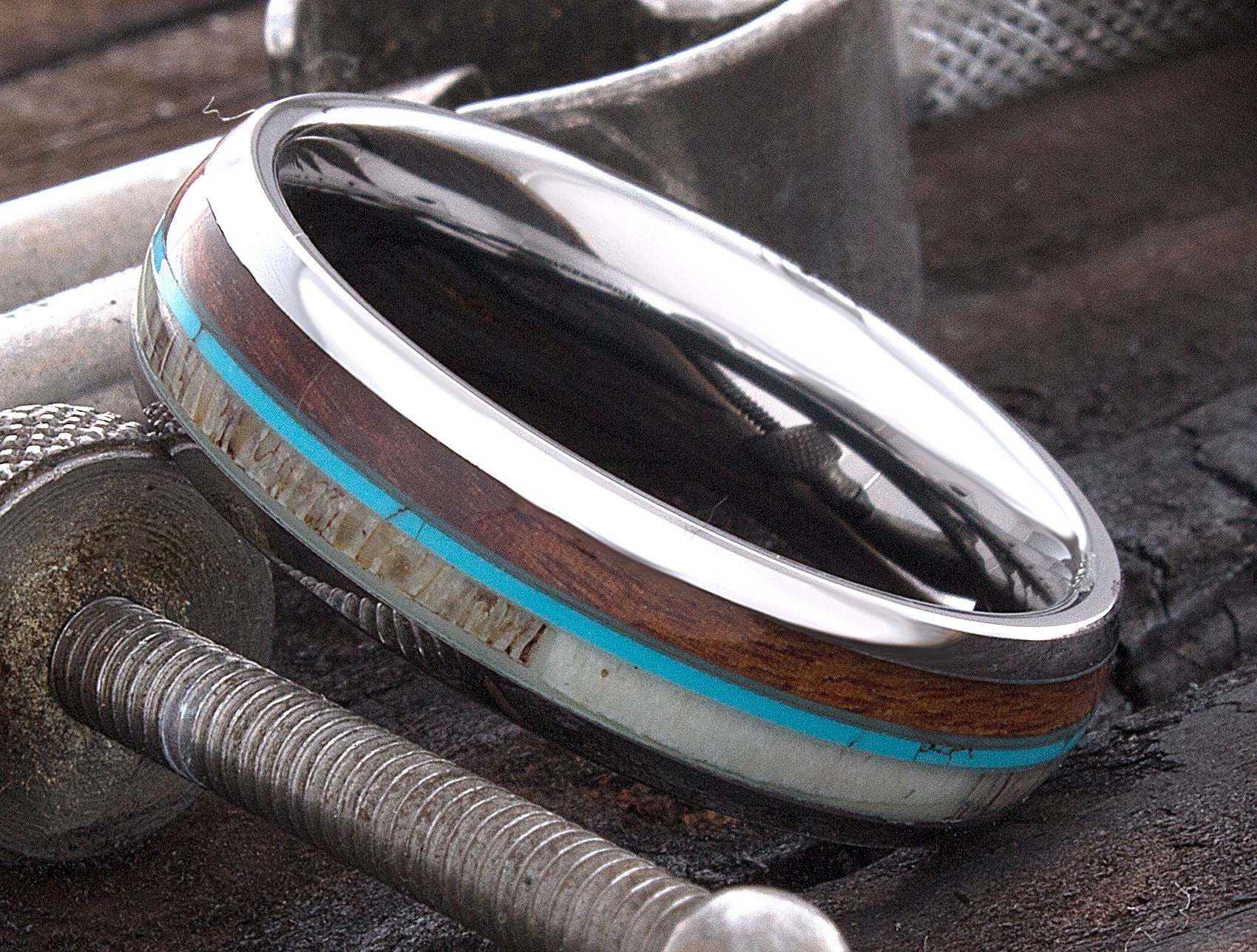 Antler Tungsten Ring Wood Tungsten Ring Turquoise Wood | Etsy