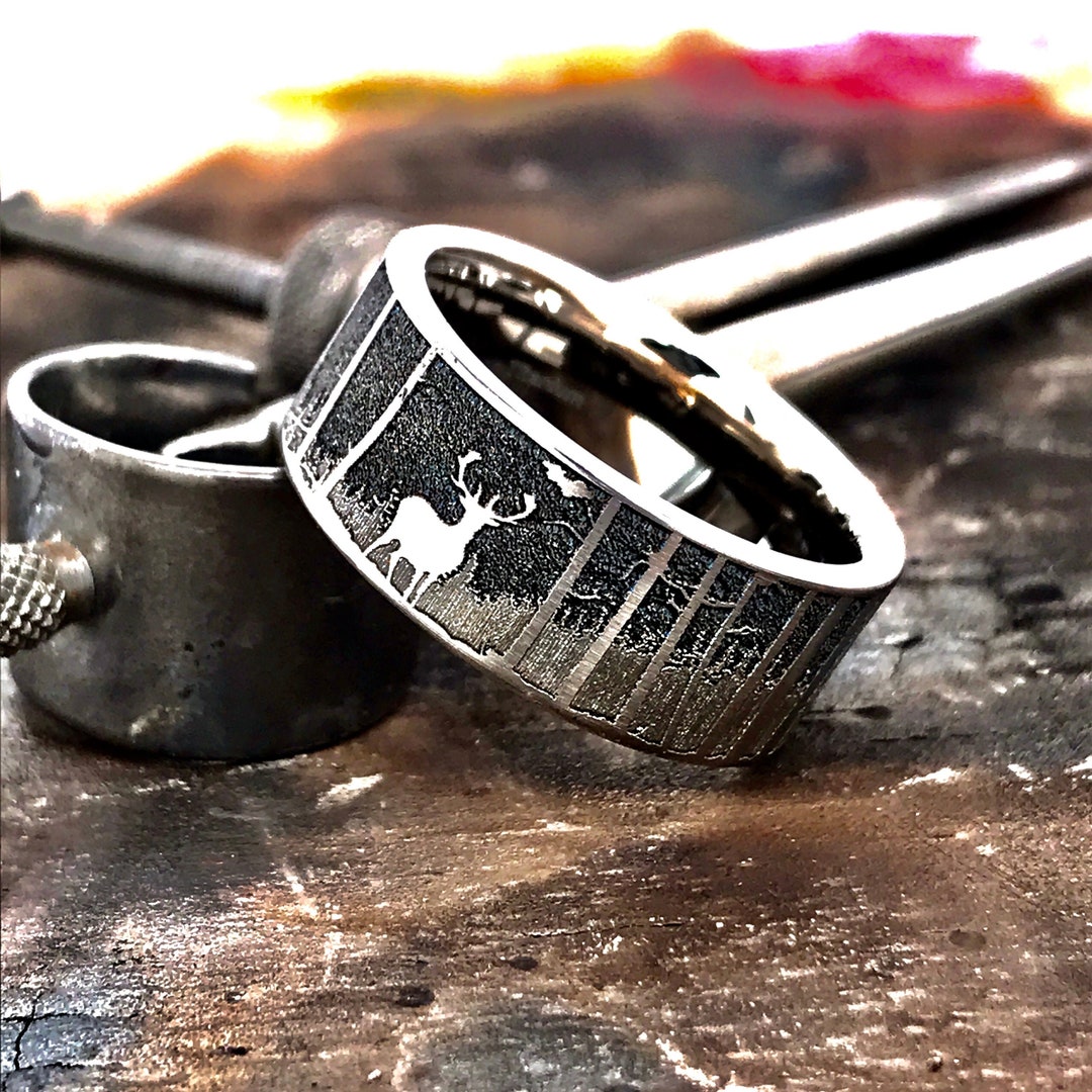 Titanium Ring - Deer Head Hunter Ring - Deer Track Ring - Titanium ...