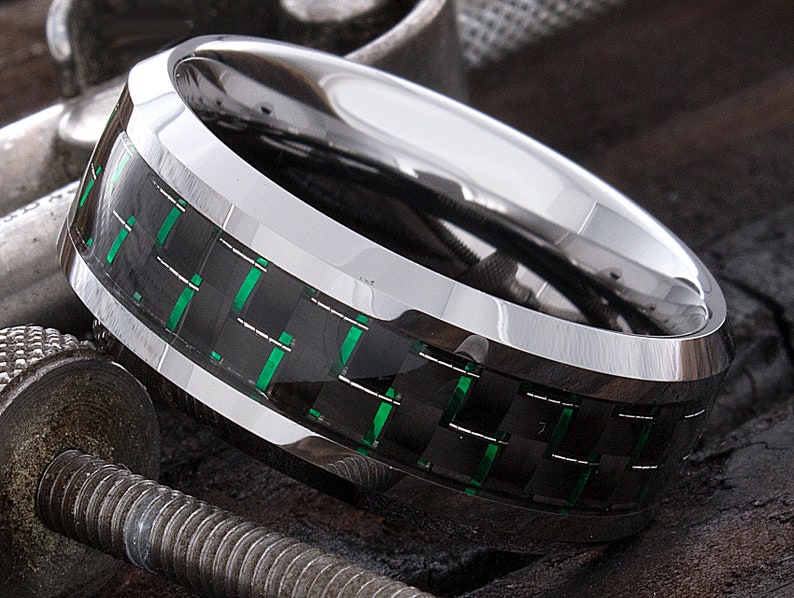 Tungsten Ring Green Carbon Fiber Green Tungsten Ring - Etsy