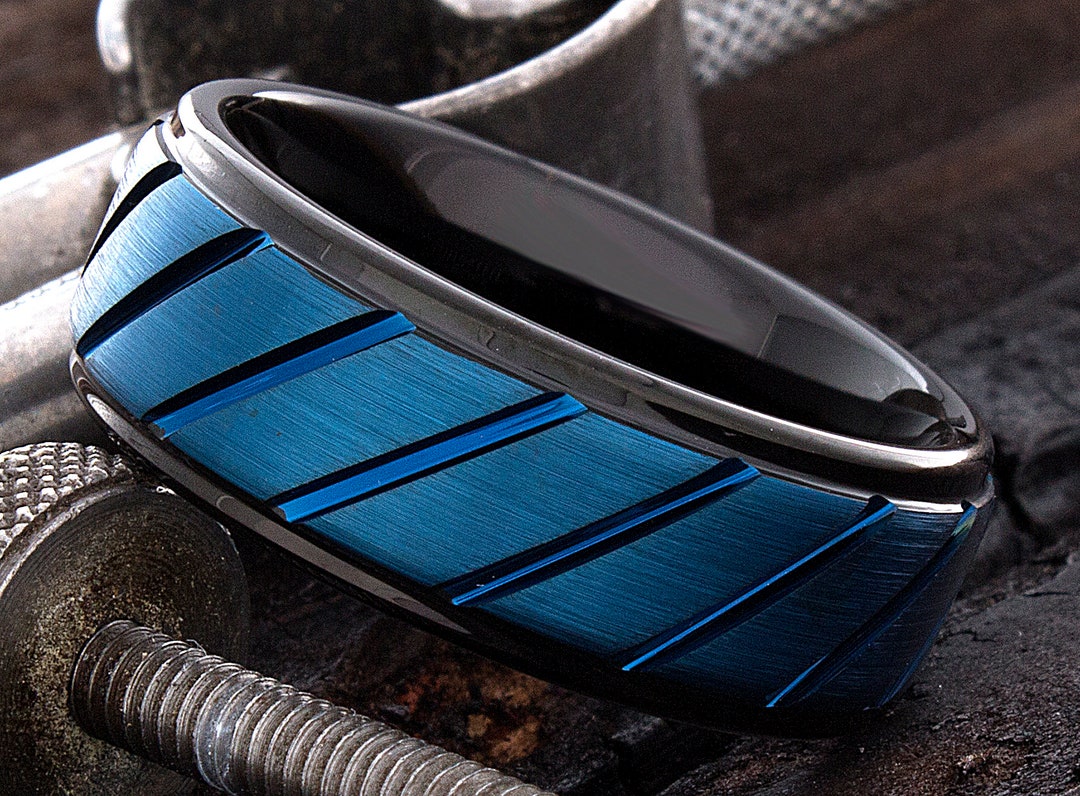 Blue Tungsten Ring - Mens Tungsten Band - Black Tungsten Ring ...