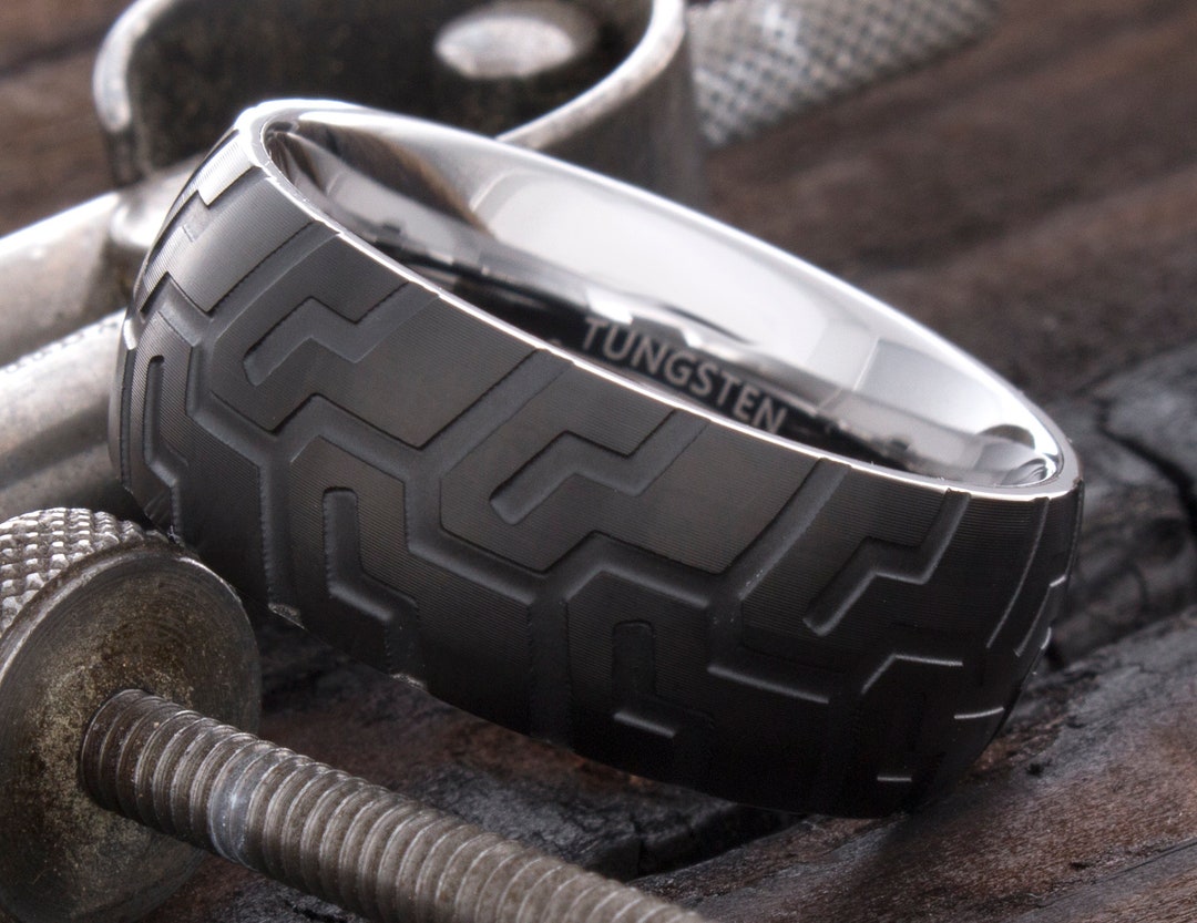 Black Wedding Ring, 8mm Tungsten Ring, Motorcycle Tire Ring, Tungsten ...