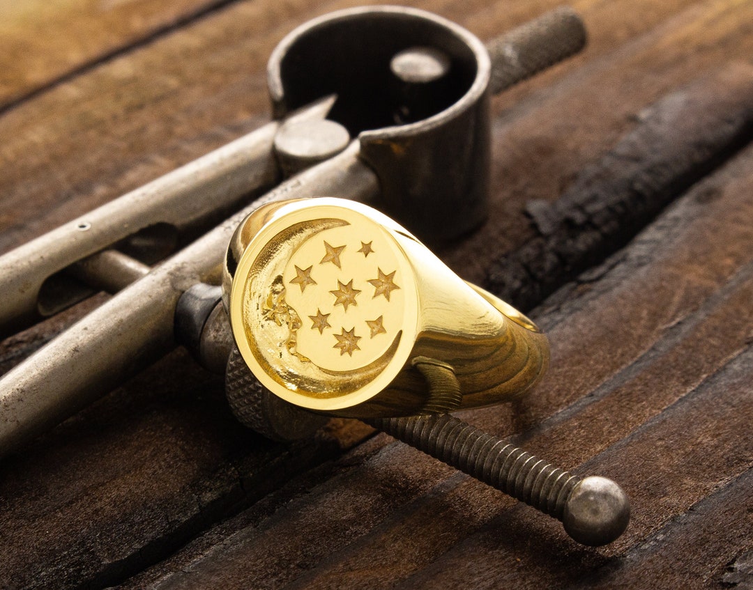 Solid Gold Moon Face Signet Ring With Stars, Occult Witchcraft ...
