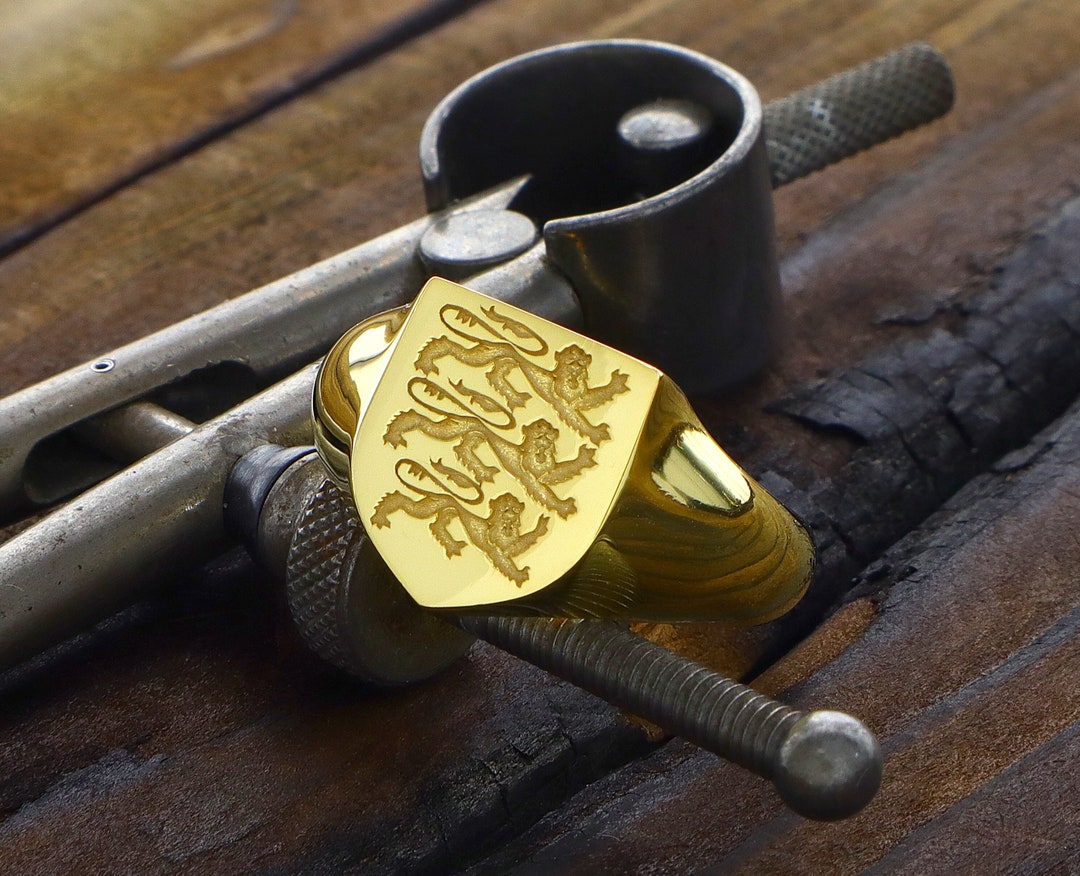 English Coat of Arms Gold Ring, English Three Lions Ring, Intaglio Wax ...