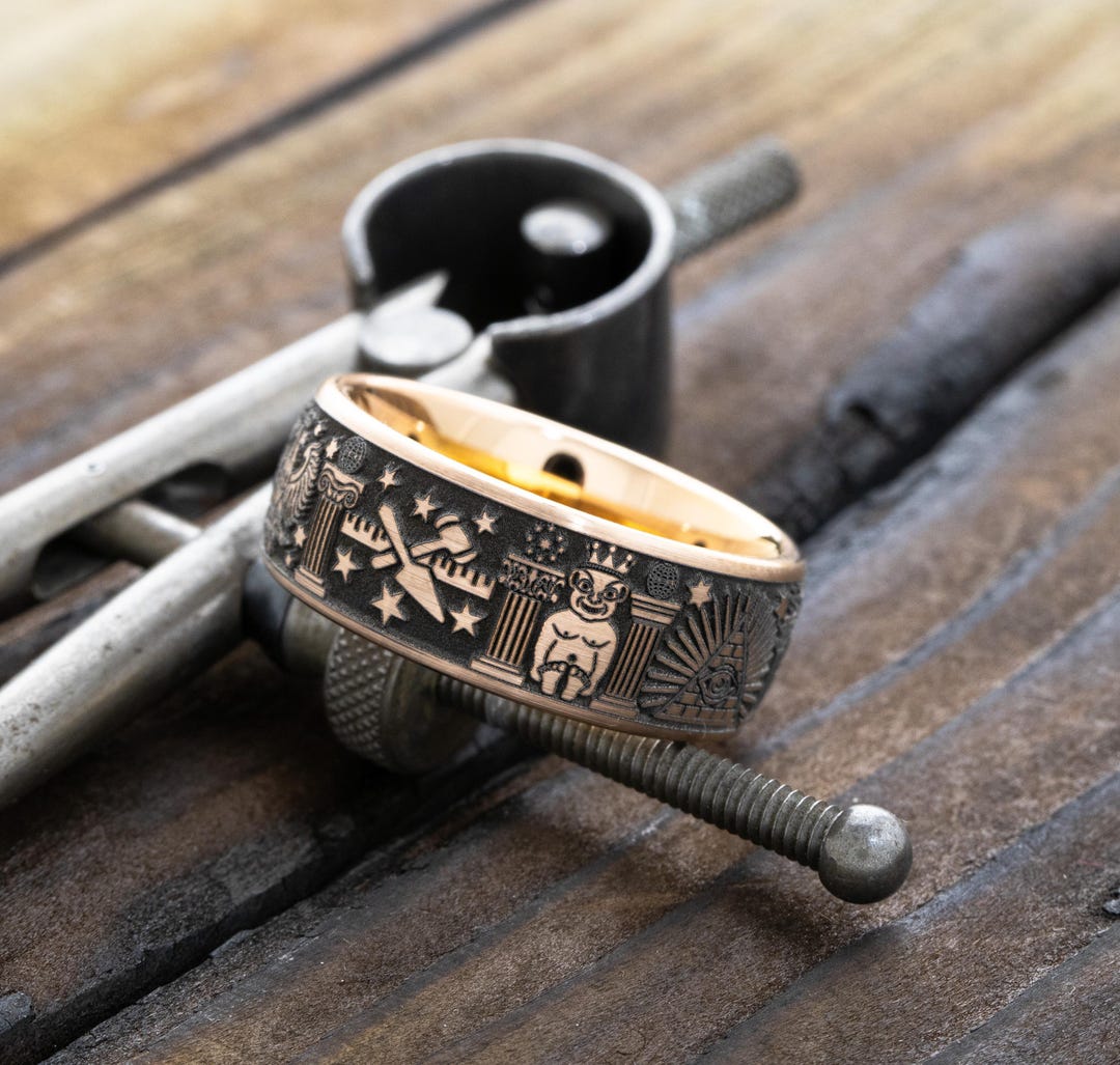 Rose Gold Plated Masonic Tungsten Ring With Shrine and Billiken Symbol ...
