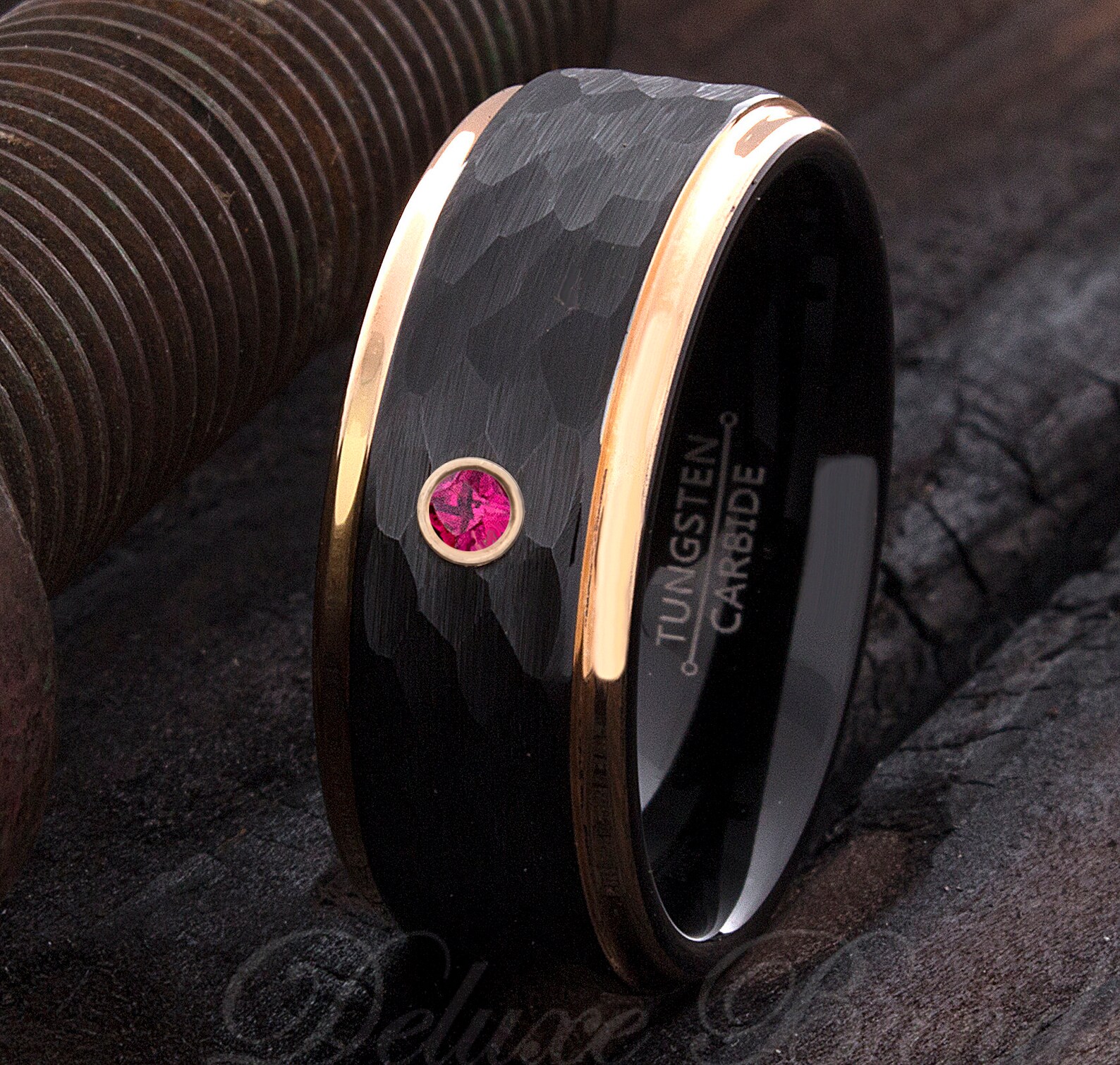 Ruby Tungsten Ring Black Hammered Ring Black Tungsten Ring - Etsy