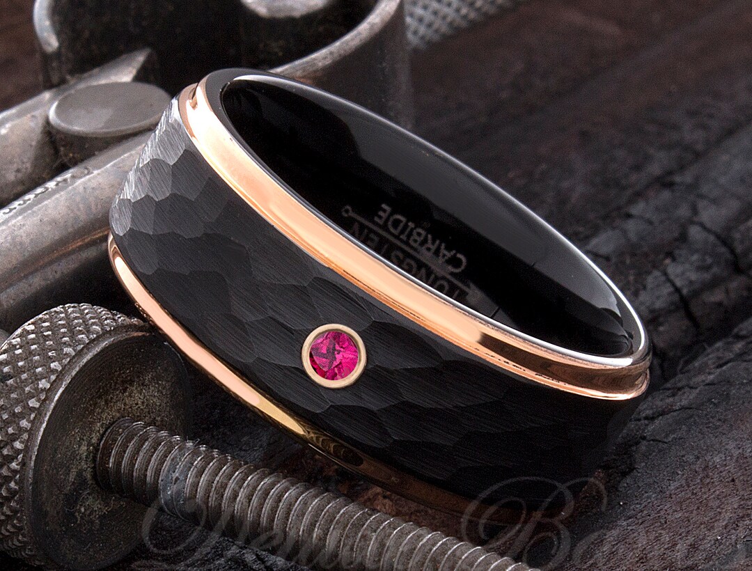 Ruby Tungsten Ring - Black Hammered Ring - Black Tungsten Ring - Mens ...