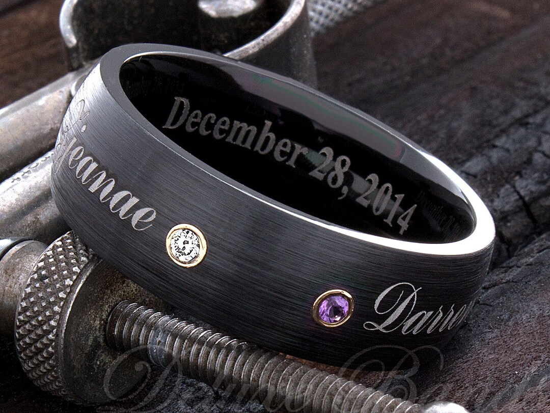 Engraved Wedding Band - Custom Name Ring - Gemstones Wedding Ring ...