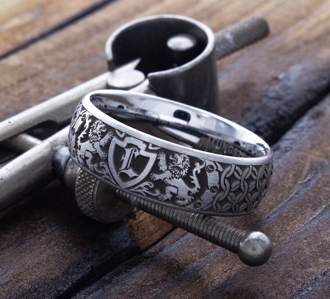 Custom Initial Medieval Gothic Ring With Heraldic Lions, 8mm Tungsten ...