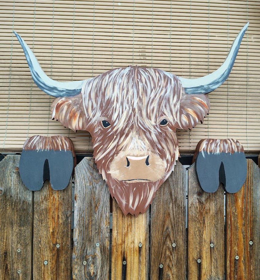 Shaggy Highland Cow Fence Peeker Peeper Yard Art Garden Decorative Sign ...