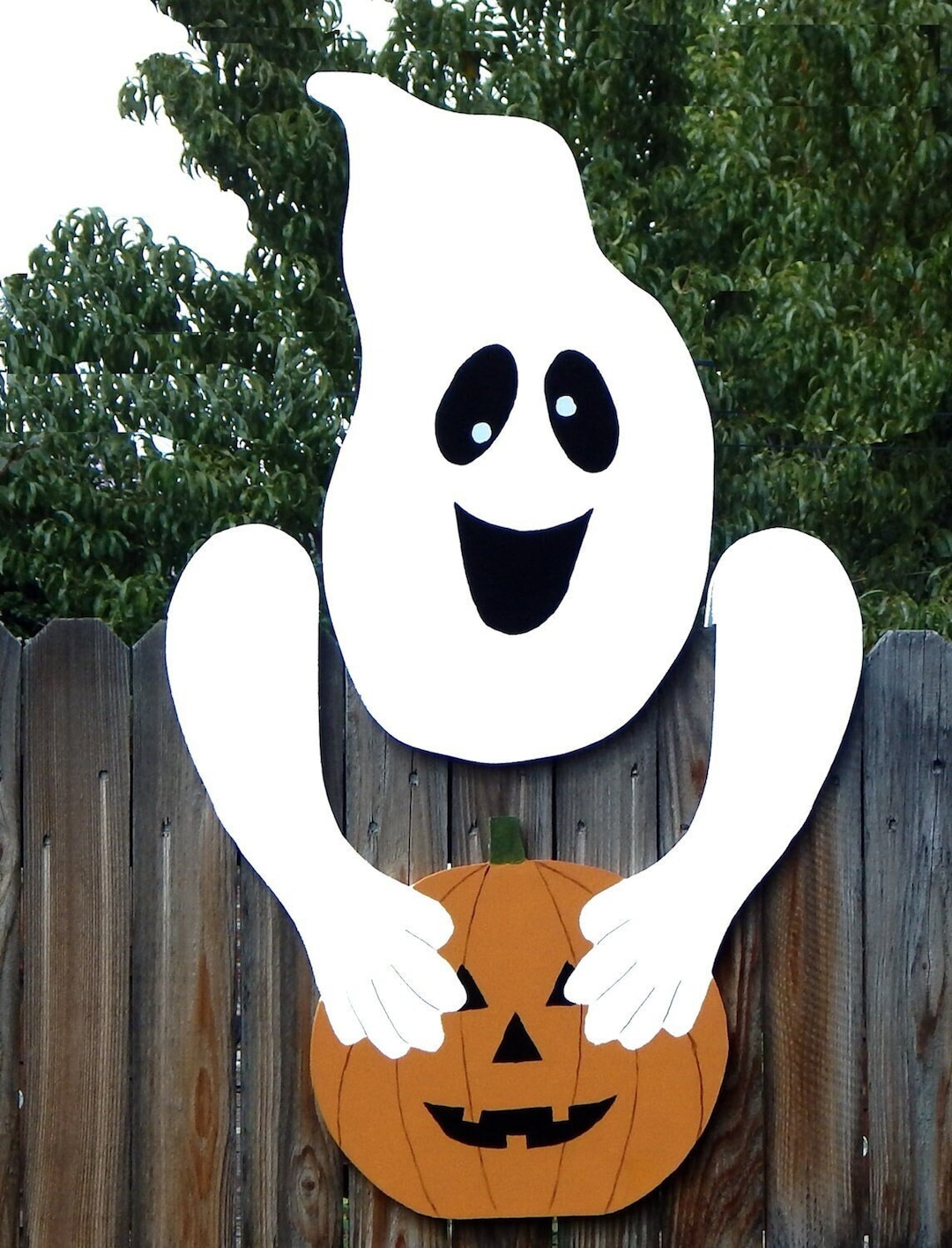 Jumbo Ghost W/ Pumpkin Jack O' Lantern Halloween Fence Peeker ...