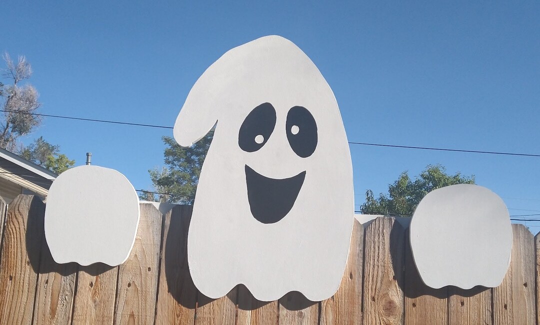 Jumbo Halloween Ghost Fence Peeker Yard Art Garden 24" X 40" Decorative ...