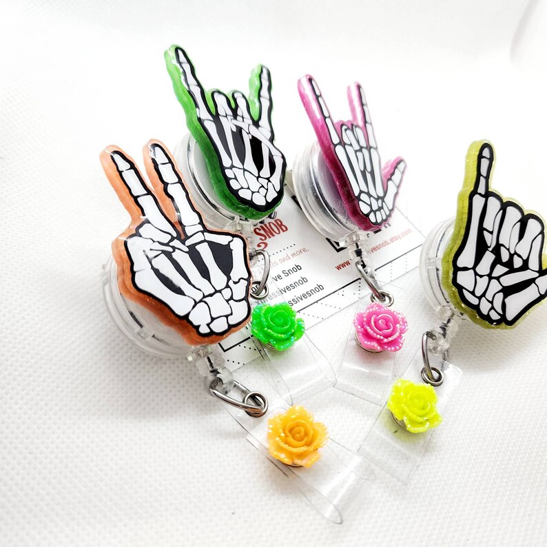Hand Gestures/bones/badge Reel/halloween/skeleton/id Holder - Etsy