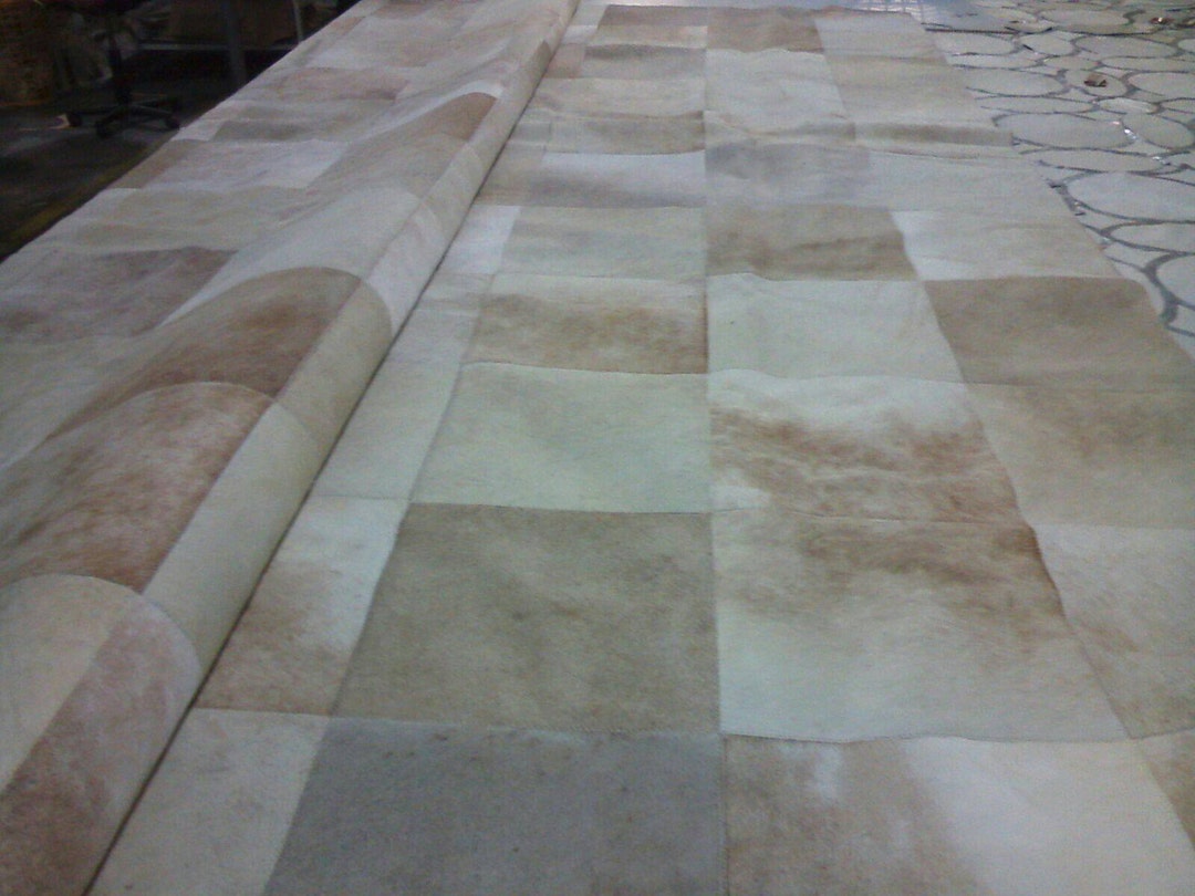 Patchwork Cowhide Rug, Squares 12" X 12", Mix of Creams, Beiges & Light ...