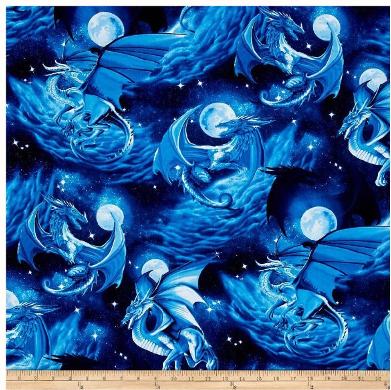 Timeless Treasures Mythical BLUE DRAGON & Moon C5638 Print - Etsy