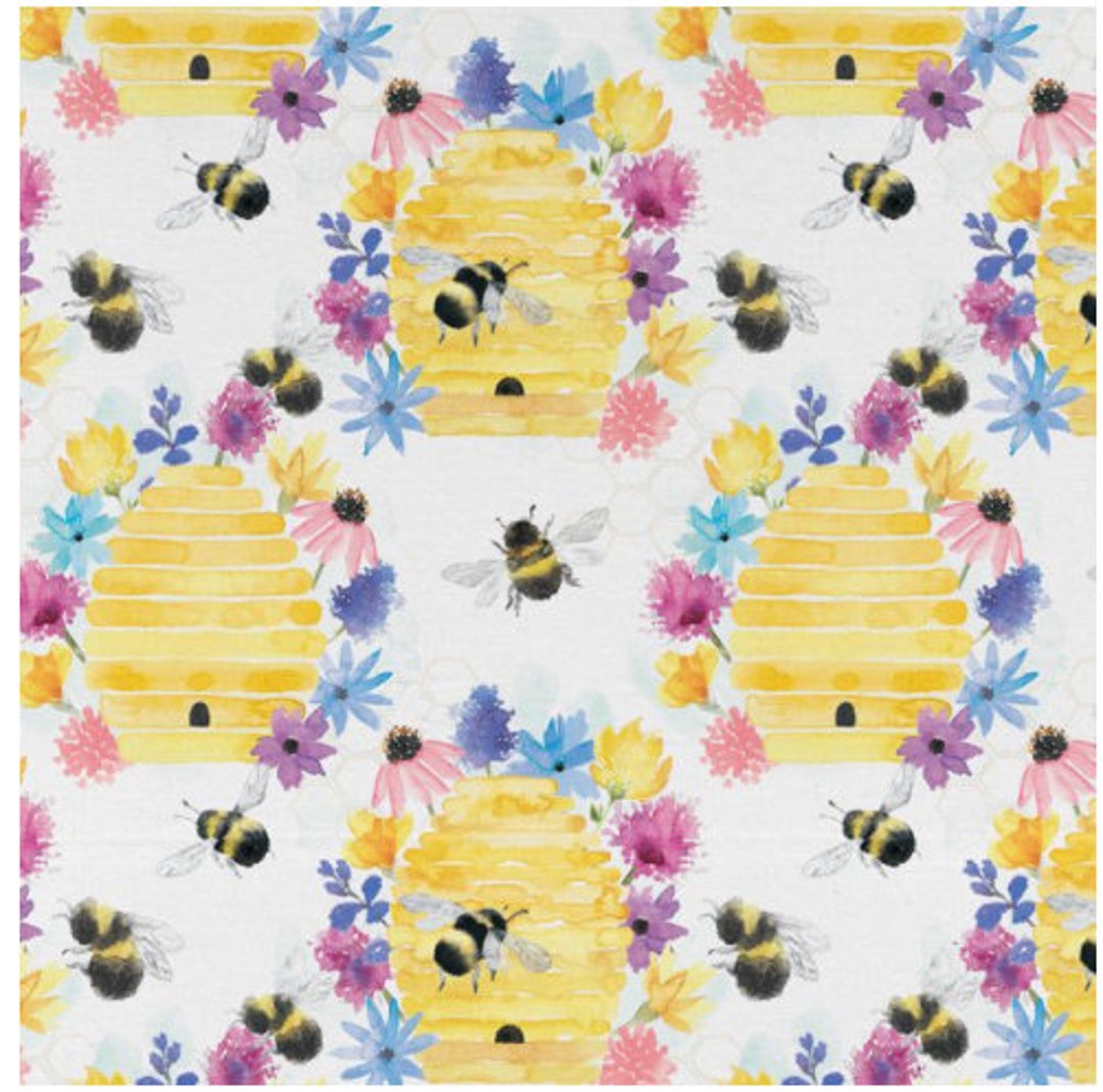 BTY David Textiles Bee Harmony HIVES & FLOWERS on White Print 100% Cotton Quilt Craft Fabric by ...
