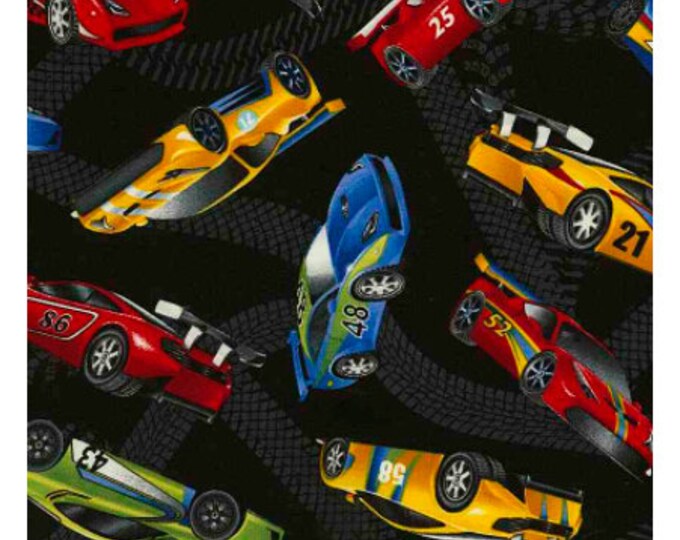 BTY Timeless Treasures RACE CARS on Black Print 100% Cotton Quilt Craft ...