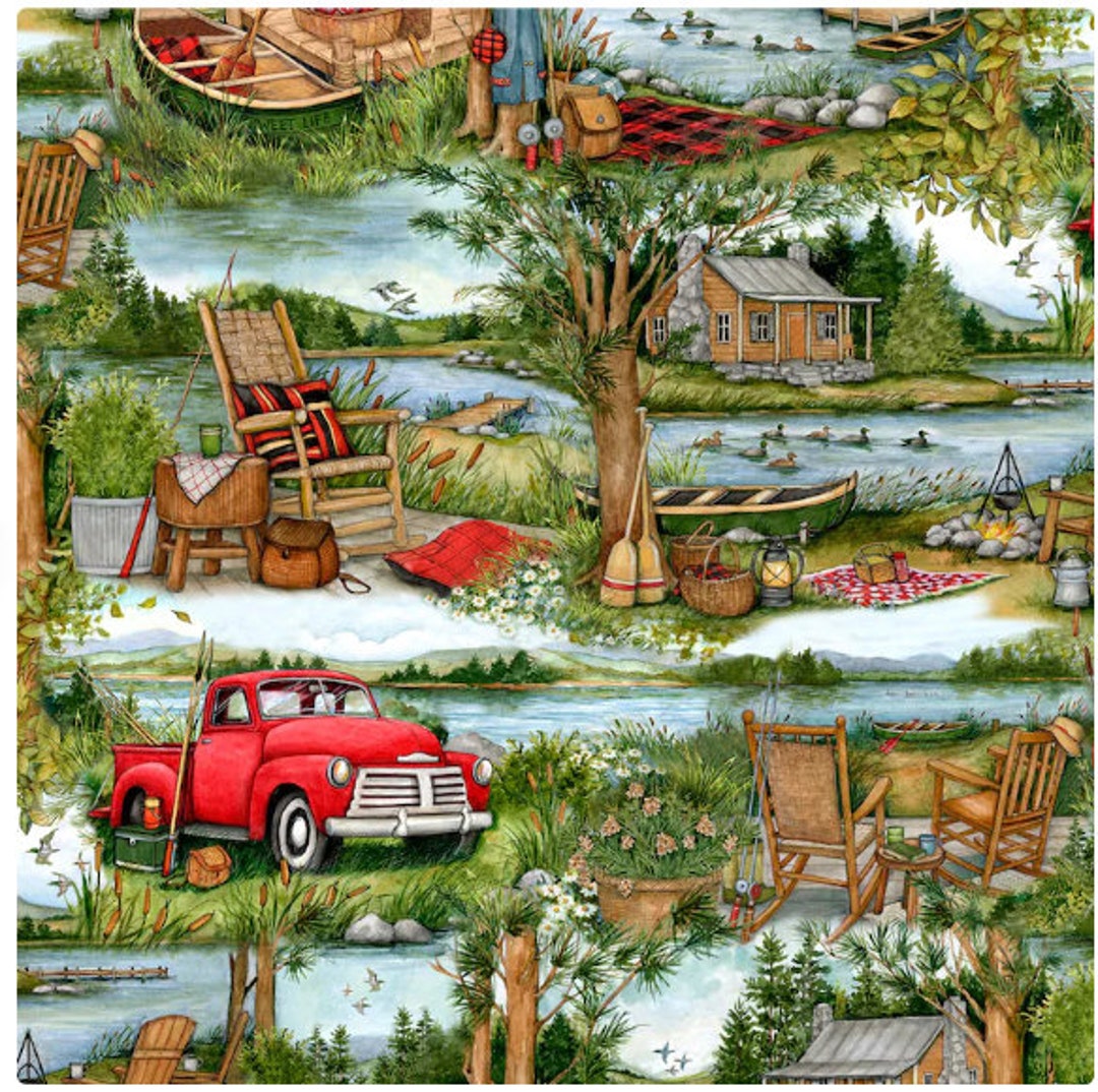 BTY Wilmington Prints Susan Winget RED TRUCH Down by the Lake Scenic ...